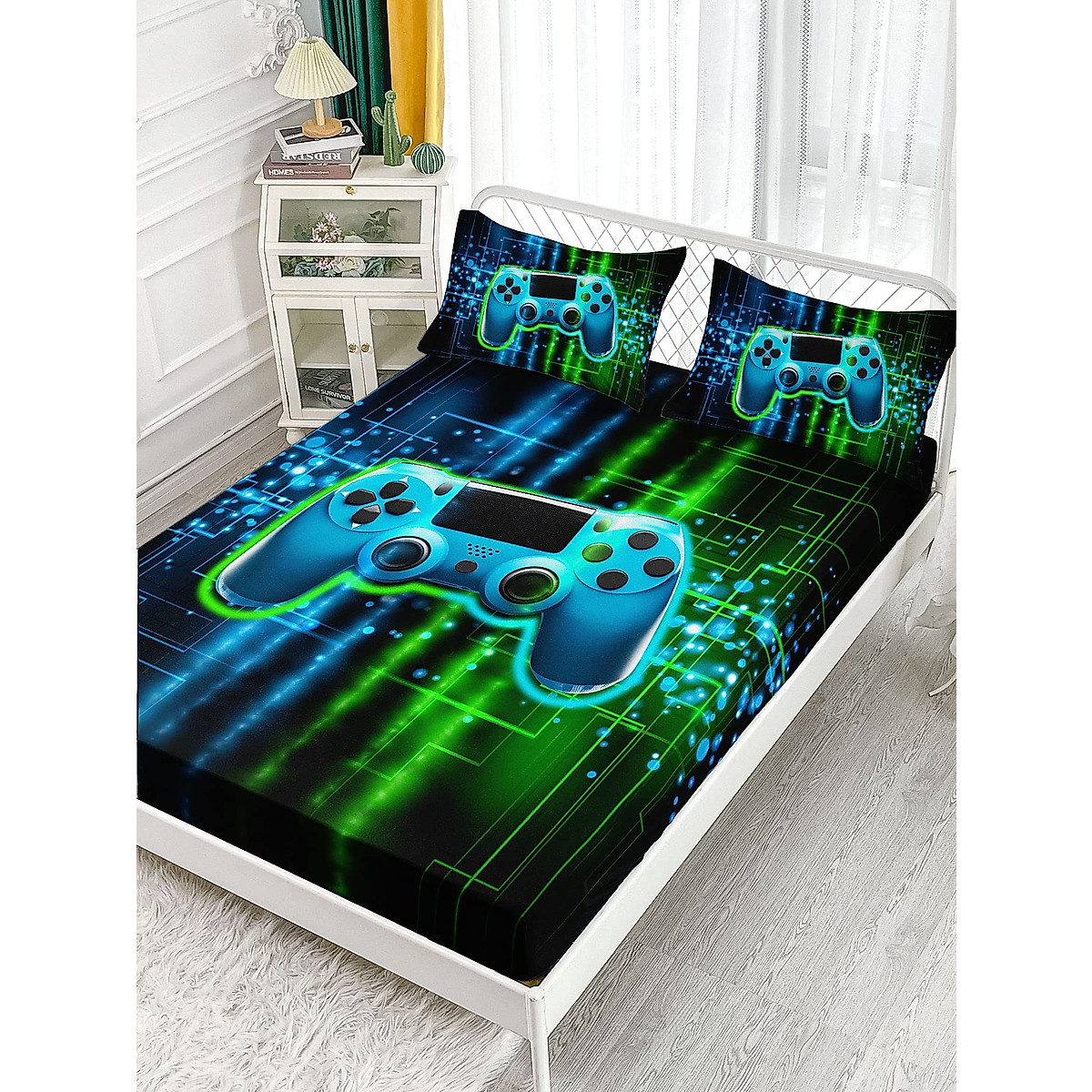 Datura home Video Gamer Sheet Set 4Pcs Kids Green Black Gamepad Modern Gamer Gaming Printed Sheet Set with 1 Flat Sheet and 1 Fitted Sheet + 2 Pillowcases for Boys(Gamepad Twin)