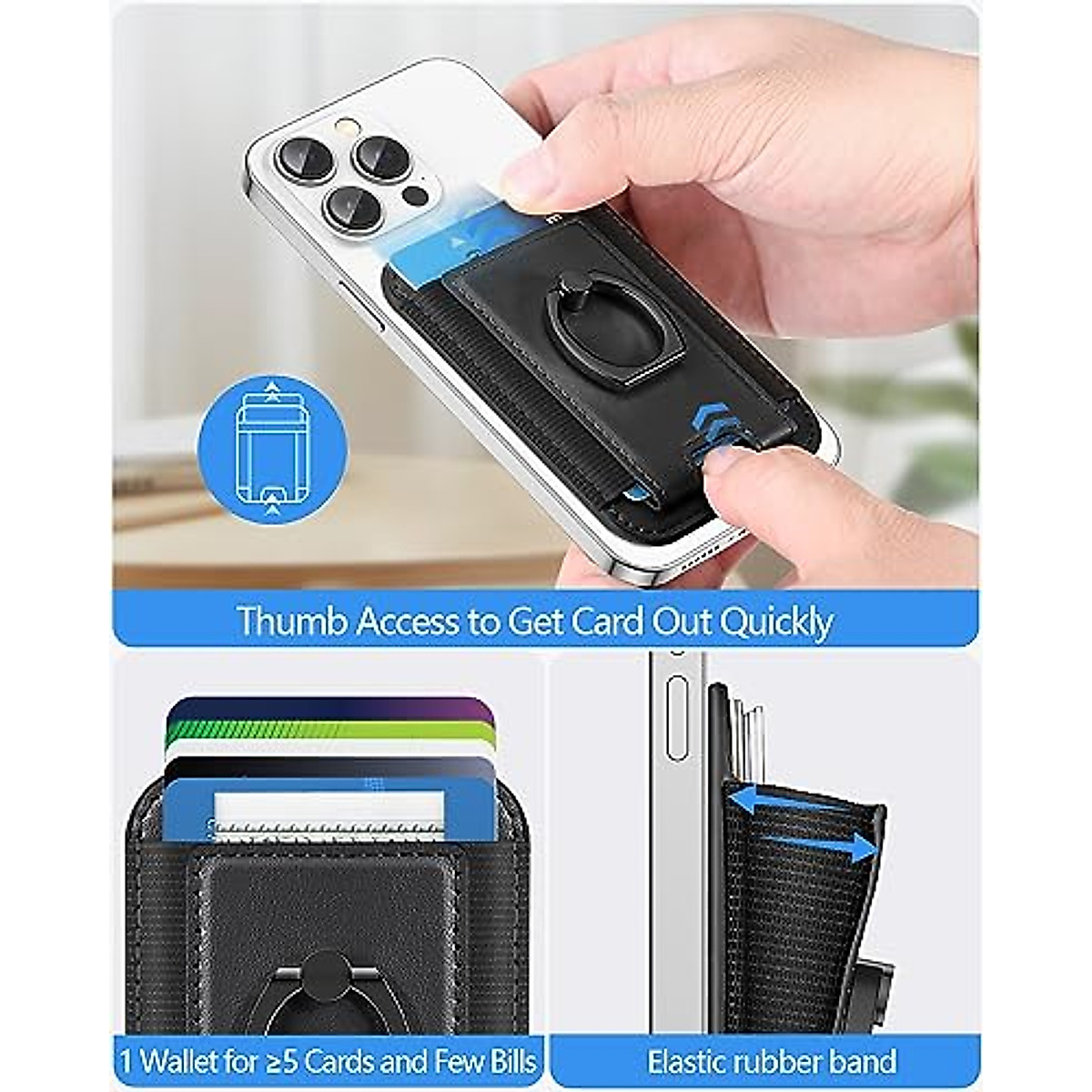 Miroddi Magnetic Wallet for iPhone 12 13 14 15 Accessories Set for Magsafe Credit Card Holder Can Store 3 Cards Back of Leather Phone Wallet with Ring Grip Black