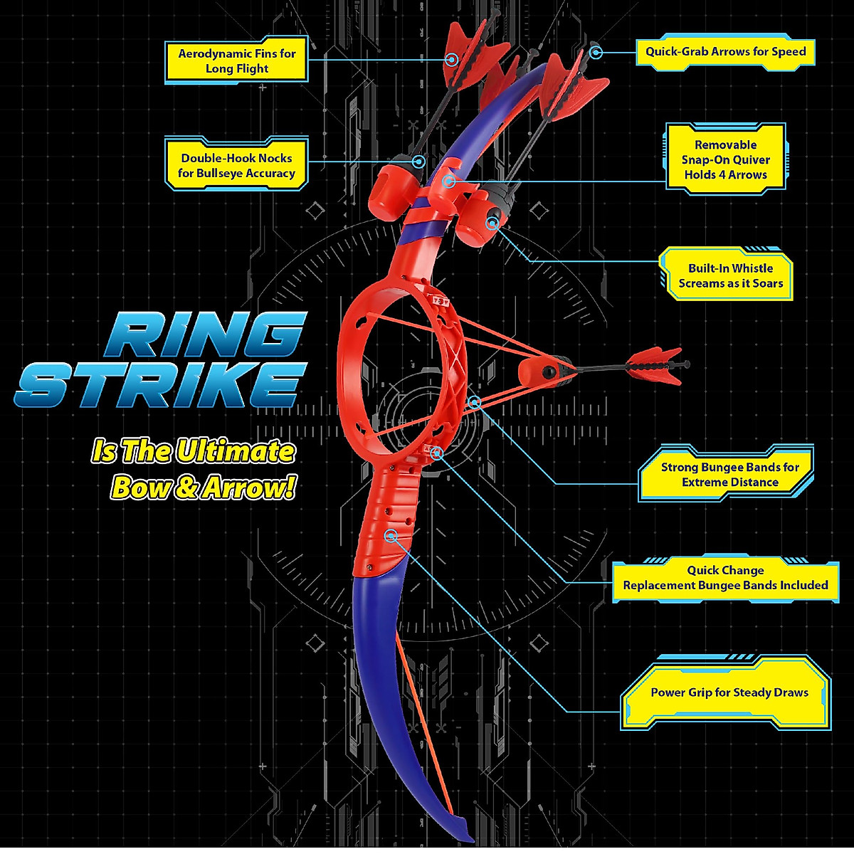 Funwares Ring Strike Archery Bow and Arrow Launches Arrows Over 200 Feet, includes 1 Kid-Powered Bow and 4 Whistling Foam Tipped Arrows