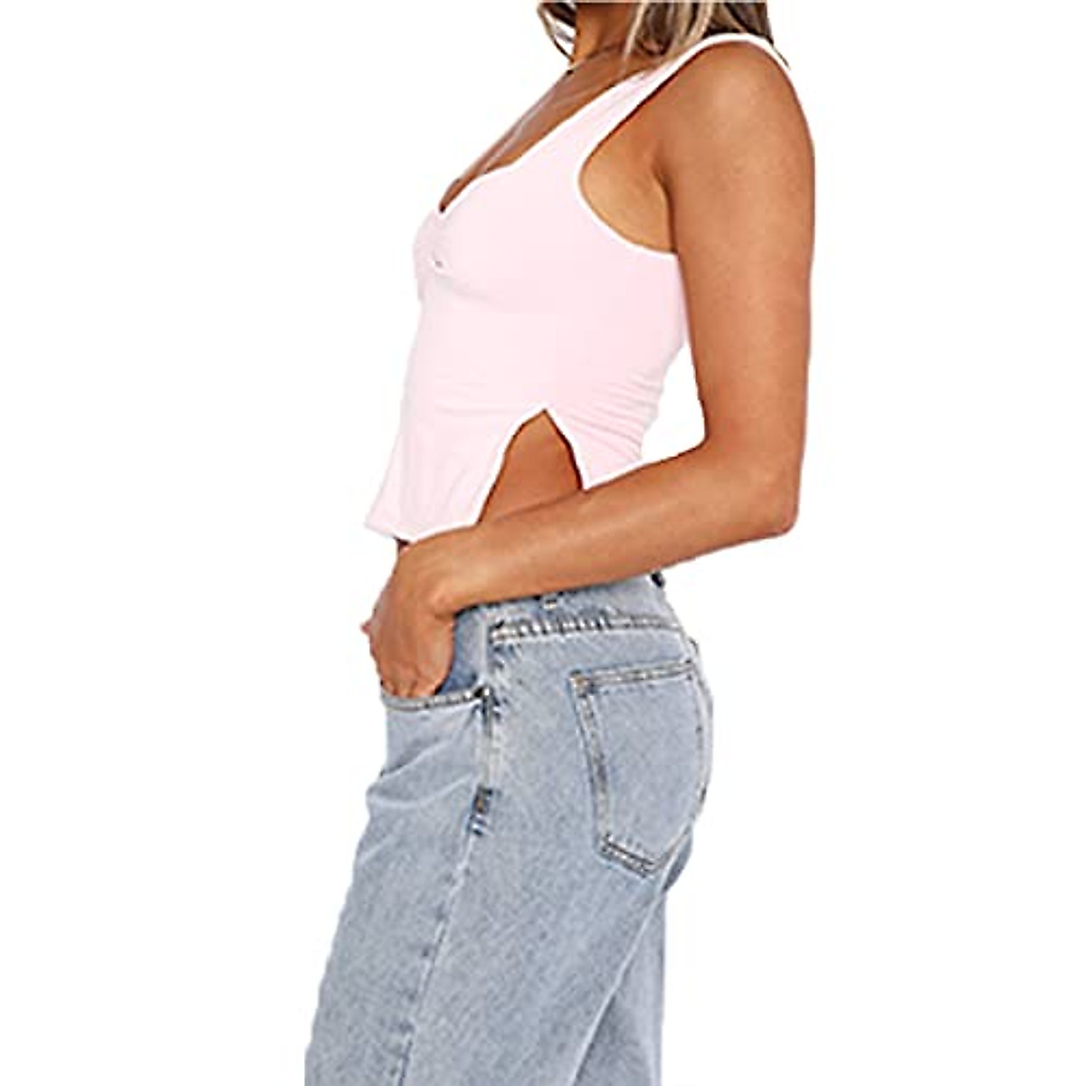 Womens Sleeveless Strappy Tank Top Sexy Side Split Sweetheart Neck Going Out Crop Tops Y2k Basic Cami Shirt (as1, Alpha, s, Regular, Regular, Pink)