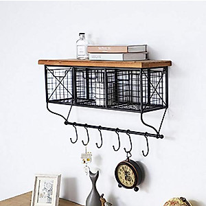 Ctystallove Industrial Wall Mounted Metal Wood Shelf with Baskets Hooks Hanging Storage Rack Display Shelf Sundries Holder for Coffee Bar Kitchen Office Bathroom Organization and Home Decor, Black