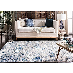 SAFAVIEH Madison Collection Area Rug - 10' x 14', White & Royal Blue, Boho Chic Distressed Design, Non-Shedding & Easy Care, Ideal for High Traffic Areas in Living Room, Bedroom (MAD611C)
