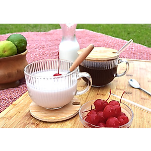 KC 2pc Glass Coffee Vintage Mug Set With Bamboo Lid And Glass Straw - 15oz Jumbo Glass Cup With Stainless Steel + Bamboo Spoon And Glass Straw - Glass Snack Bowl With Spoon