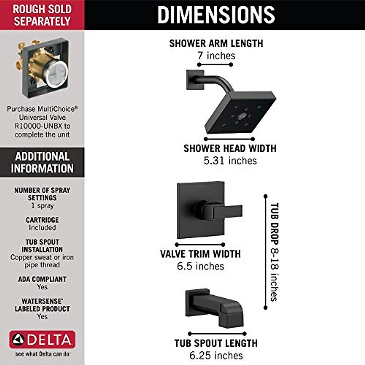 Delta Faucet Ara 14 Series Single-Function Tub and Shower Trim Kit with Single-Spray H2Okinetic Shower Head, Matte Black T14467-BL (Valve Not Included)