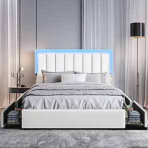 Catrimown Full Size Bed Frame with LED Lights and 4 Storage Drawers, Upholstered Platform Bed with Faux Leather Headboard, Strong Wooden Slats Support, No Box Spring Needed, Easy Assembly, White