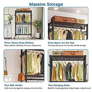 VIPEK V12 Medium Heavy Duty Rolling Garment Rack 3 Tiers Adjustable Clothes Rack with Double Rods & Hooks, Freestanding Wardrobe Closet Storage Rack Metal Clothing Rack for Hanging Clothes, Black