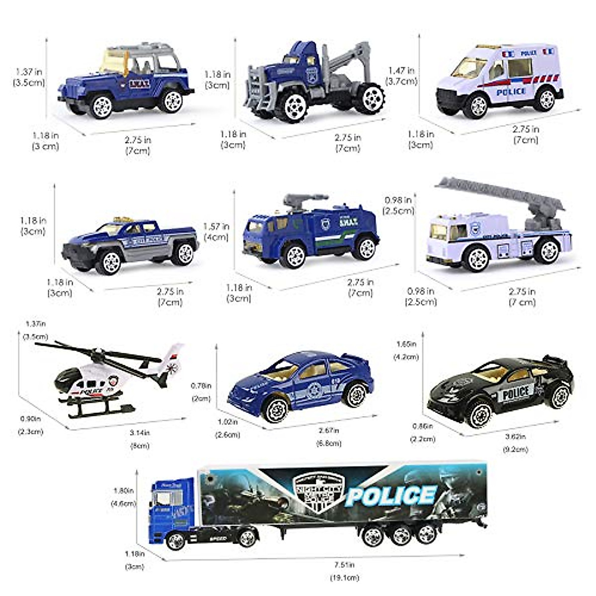 Jenilily Police Car Toy Blue Truck Toy Transporter Mini Vehicles Playsets in Carrier Truck for Kids 3 4 5 6