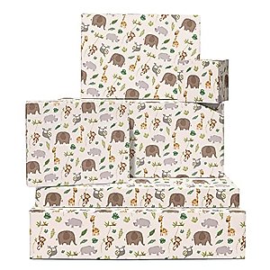 CENTRAL 23 Baby Animal Wrapping Paper - 6 Neutral Gift Wrap Sheets - Monkey Elephant Giraffe - For Birthday Baby Shower Boys Girls - Comes With Fun Stickers - Recyclable
