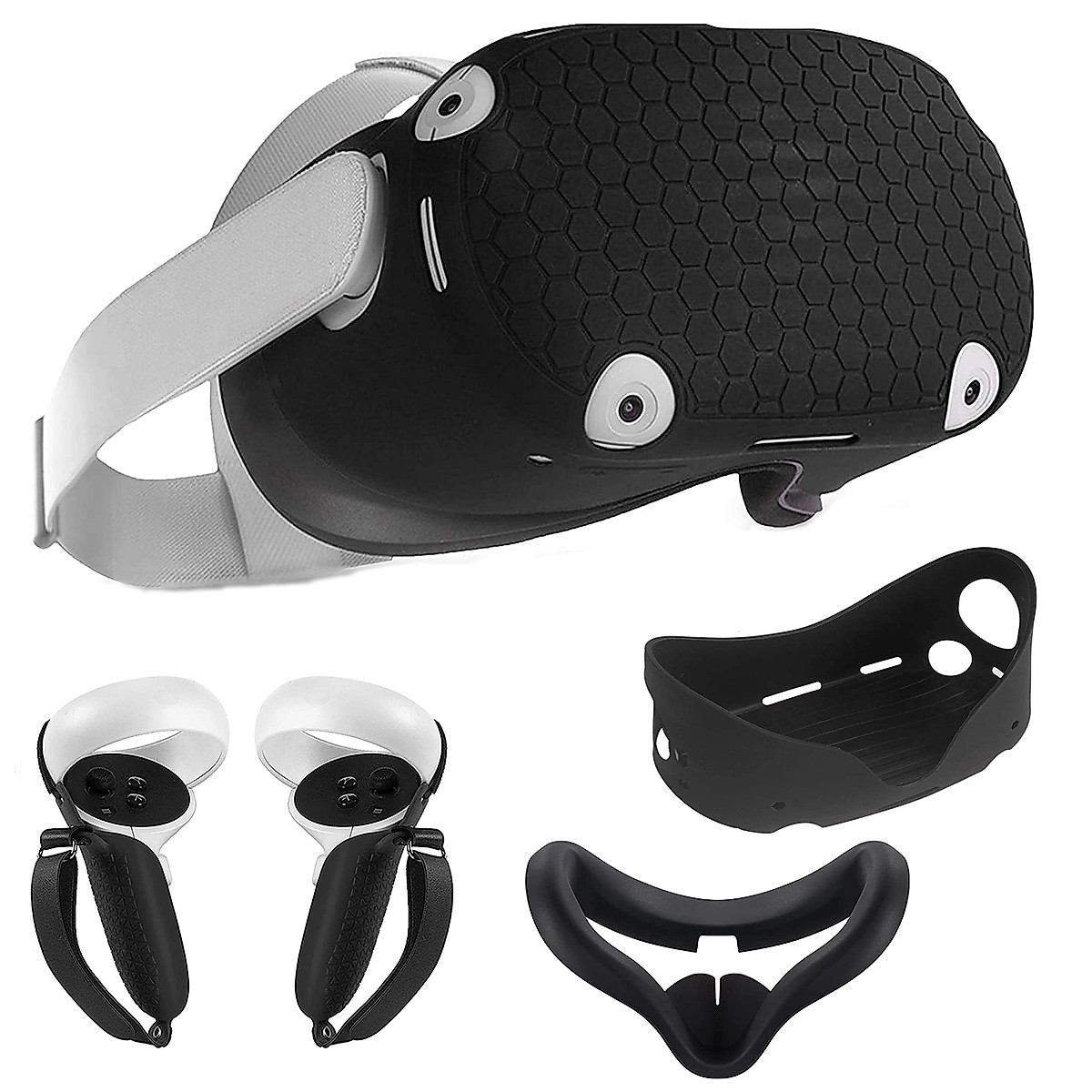 VR Front Face Silicone Protective Shell, Silicone Interfacial Cover, Touch Controller Grips Strap Cover Combination kit 3-in-1 for Meta/Oculus Quest 2 Accessories (Black)