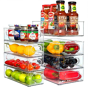 Refrigerator Organizer Bins 8 PCS, guiogc Clear Plastic Food Storage Bins for Fridge Freezers Pantry Organization, Stackable Food Organizer, Fridge Organizer Clear BPA Free