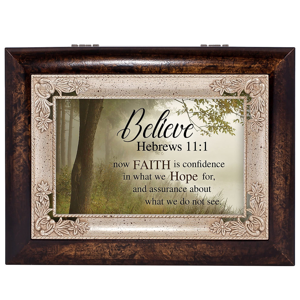 Cottage Garden Believe Faith Confidence Burlwood Jewelry Music Box Plays Amazing Grace