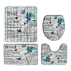 DSMEUE Inspirational Quote 4 Piece Shower Curtain Sets with Rugs，Rustic Teal Wooden Board Daisy Flower Butterfly Motivational 70"x70" Bathroom Curtain and 17.8"x29.5" Bath Mat,Toilet Cover, U-Shaped