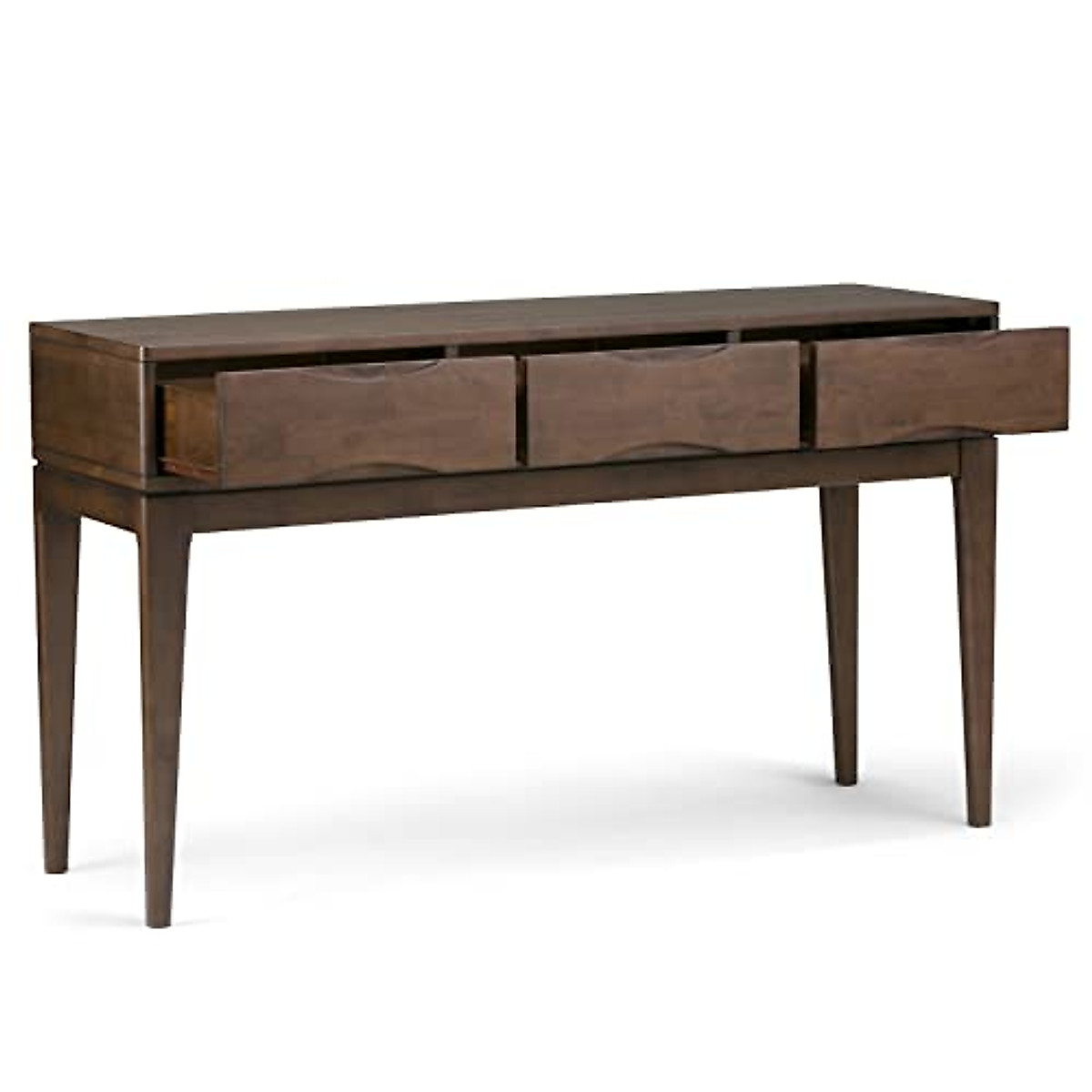 SIMPLIHOME Harper SOLID WOOD 54 inch Wide Mid Century Modern Console Sofa Entryway Table in Walnut Brown with Storage, 3 Drawers , for the Living Room, Entryway and Bedroom