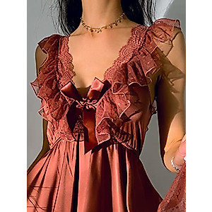Milumia Women's Satin Lace Chemise Nightgown Bow Tie Ruffle Swiss Dots Lingerie Dress Sleepwear Rust Brown Small