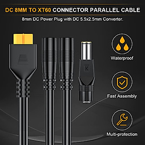 ELECTOP DC 8mm Y Branch Parallel Adapter 14AWG 8mm Female to XT60 Female Solar Panel Adapter 8mm DC Power Plug with DC 5.5x2.5mm Converter for Jackery GZ Yeti Solar Generator Portable Power Station