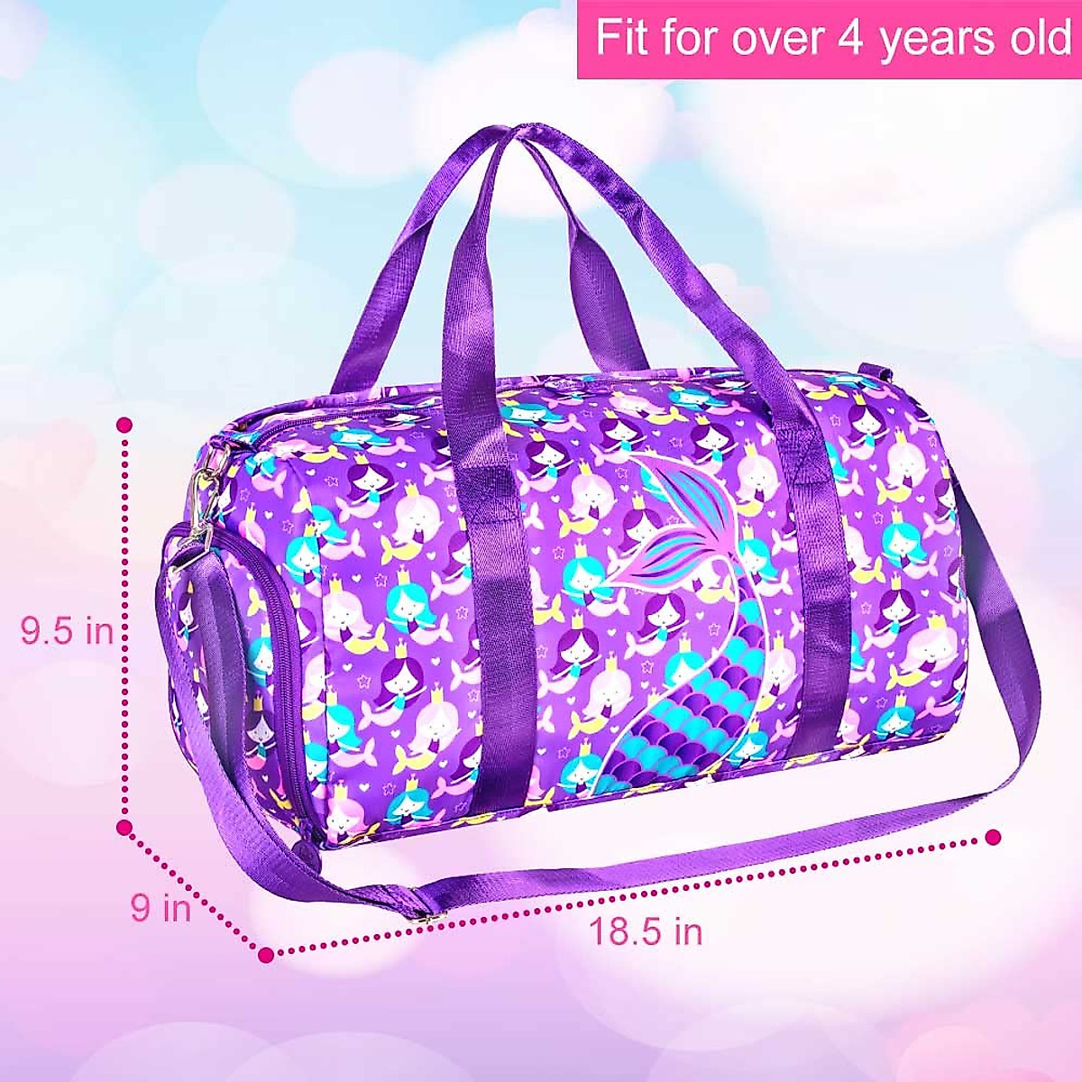 Gym Bag for Girls, Kids Duffle Bag for Travel, Girl Dance Duffel Bags with Shoe Compartment Weekender Overnight Bag, Mermaid