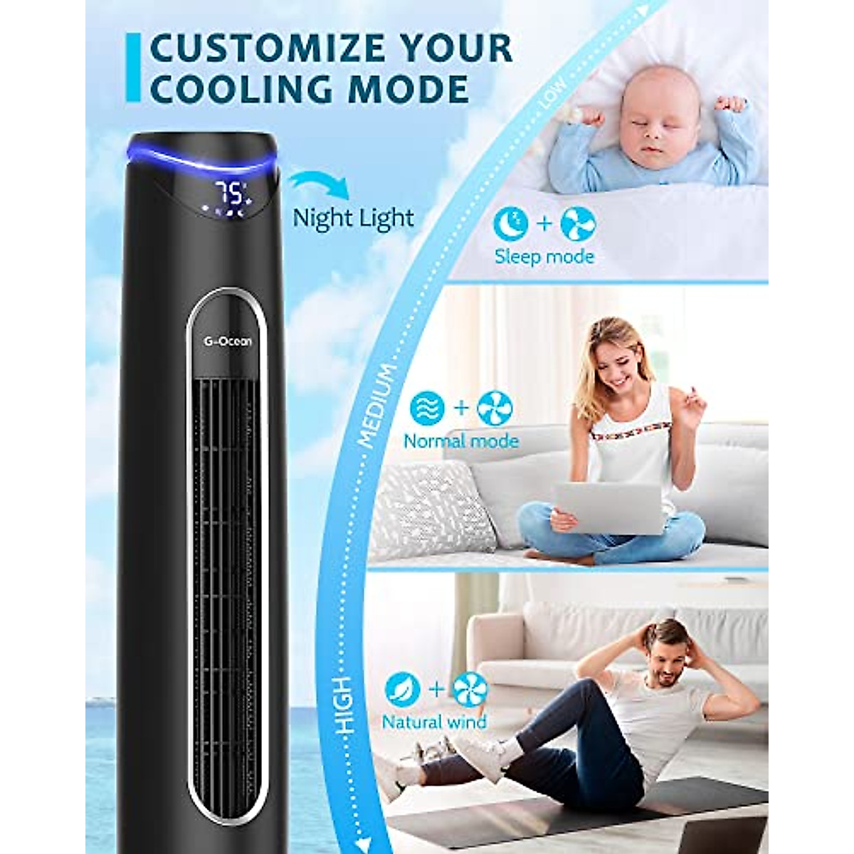 Evaporative Cooler, 46" Air Cooler Fan with Remote, 3-IN-1 Swamp Cooler, Night light, Oscillating, Humidifying, 3 Modes, 3 Speeds, 8H Timer, 2 Ice Packs, Portable Air Conditioner for Home Bedroom