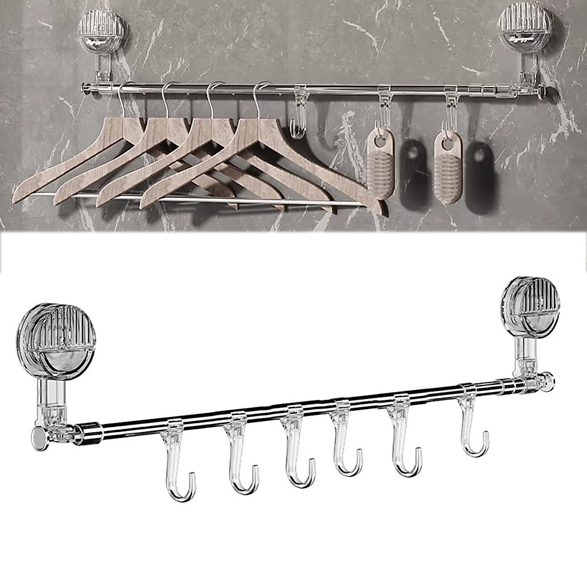 Retractable Towel Rack, Suction Cup Towel Bar with 6 Sliding Hooks, 23-47 Inch Adjustable, Removable Vacuum Suction Towel Holders, Bathroom Wall Washcloth Rack, for Kitchen, Toilet, Shower, Door(Gray)