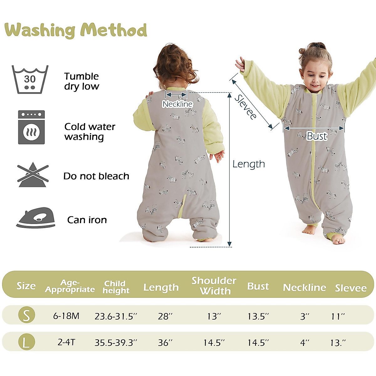 LAT Baby Sleep Bag with Feet Winter, Wearable Blanket with Legs, Warm Sack for Toddler Thicken 2.5 TOG-Sleepsuit Removable Sleeves,0-4T(Gray+Green Zebra,S)
