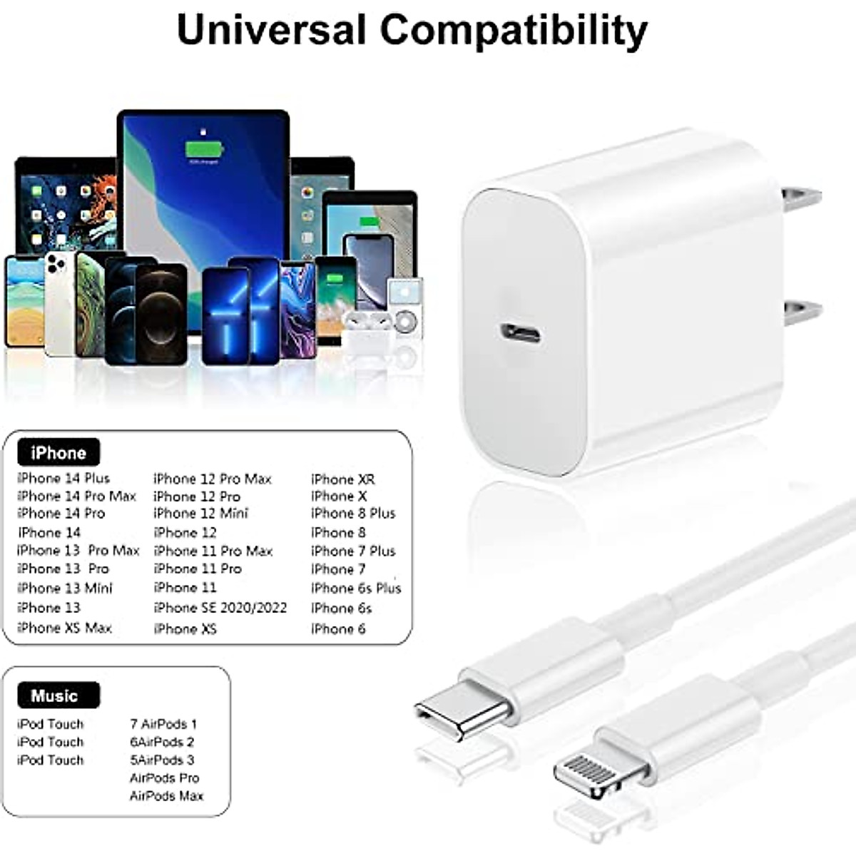 iPhone14 13 12 11 Fast Charger[ MFi Certified] 20W PD USB C Wall Charger Block with Extra Long 6TF Type C to Lightning Cable Compatible with iPhone 14/14 Pro Max/13/13Pro Max/12/11Pro