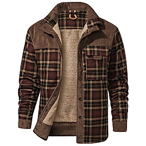 Flygo Men's Outdoor Casual Vintage Buck Fleece Sherpa Lined Flannel Camp Plaid Shirt Jacket(Coffee-M)