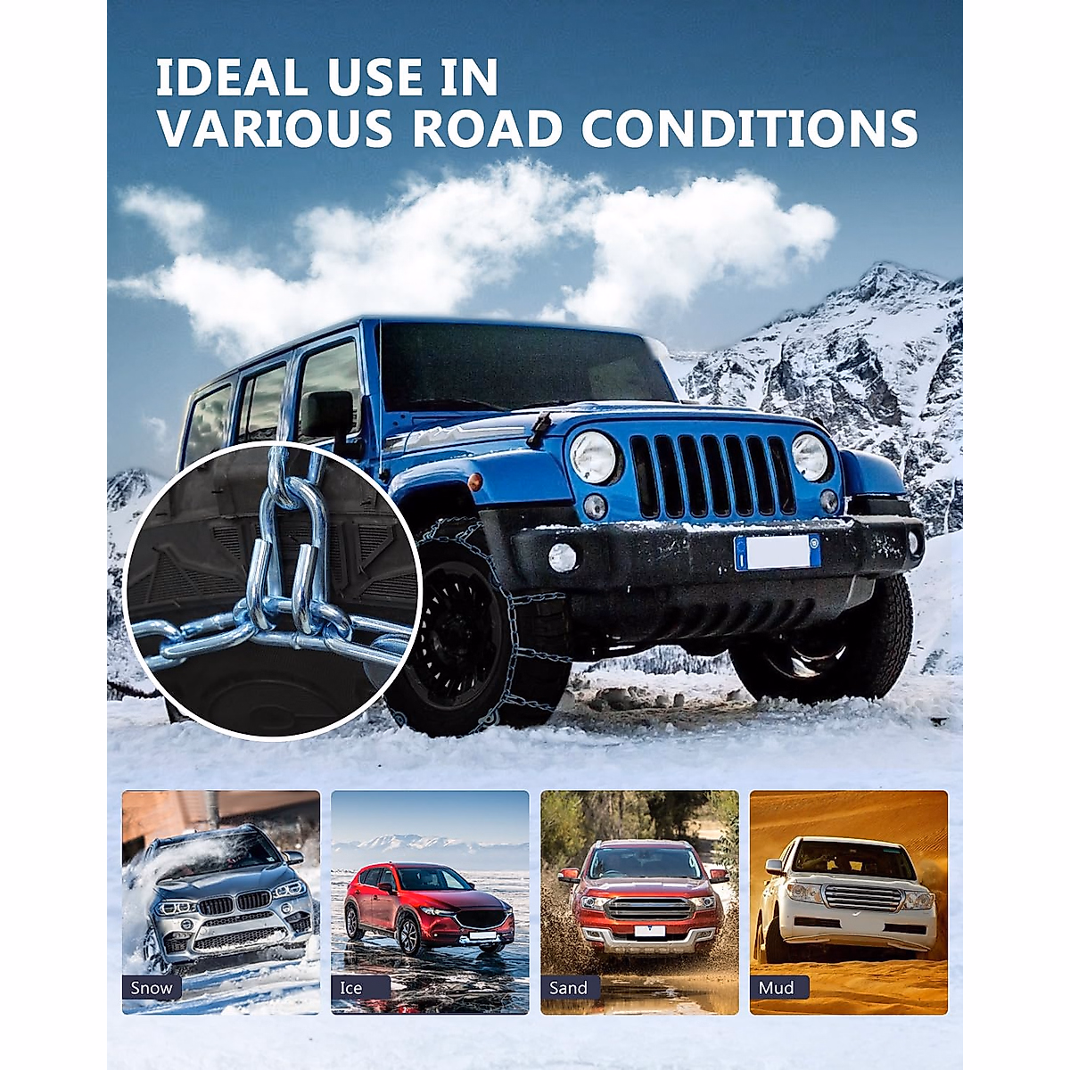 SCITOO QG2228CAM Snow Chains for Car Pickup Trucks SUV,Universal Emergency Tire Traction Chain,Anti-Skid Thickening Tire Chains Width 225 235 245 255 265 275 285 295(15" 16" 17" 18" 19" 20")- Set of 2