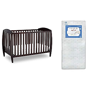 Delta Children Twinkle 4-in-1 Convertible Baby Crib, Sustainable New Zealand Wood, Dark Chocolate and Delta Children Twinkle Galaxy Dual Sided Recycled Fiber Core Crib and Toddler Mattress (Bundle)