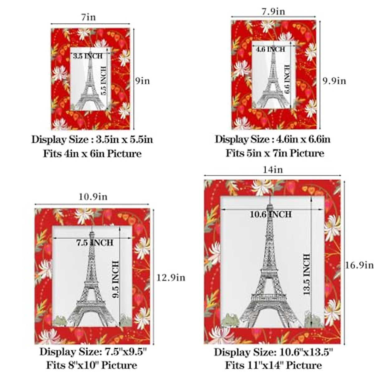 Yzrwebo Ethnica Floral 11x14 Picture Frame Red Background Wood Photo Frames High Transparent Horizontal and Vertical Tabletop Display or Wall Mounting for Family Home Gallery Office