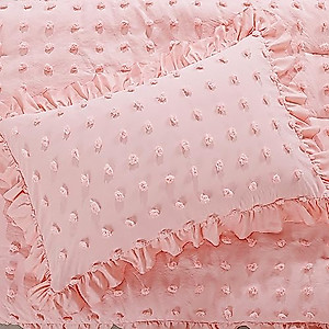 HOMBYS 4 Pieces Pink Princess Toddler Bedding Set for Girls, Boho Pom Pom Kids Comforter Set with Ruffles for All Season