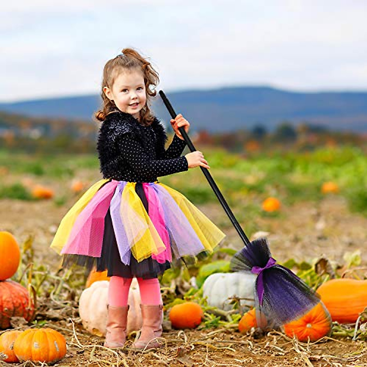2 Pieces Halloween Witch Broom Kids Cosplay Broom Prop Plastic Broom Props for Halloween Party Costume Accessories, Orange and Purple