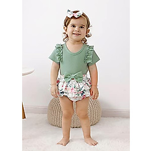 nilikastta Newborn Baby Girl Clothes Infant Girl Summer Outfit Ruffle Sleeve Romper Floral Shorts Bowknot Headband Set(Green,3-6M)