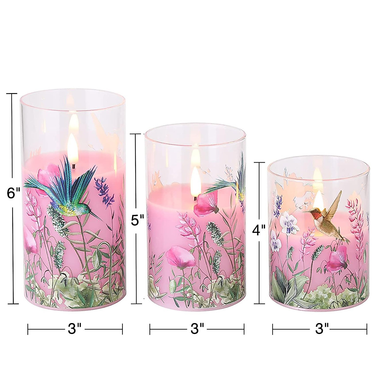 Girimax Pink Hummingbird Glass LED Candles with Remote, Flickering Flameless Candles Battery Operated Φ 3" H 4" 5" 6"