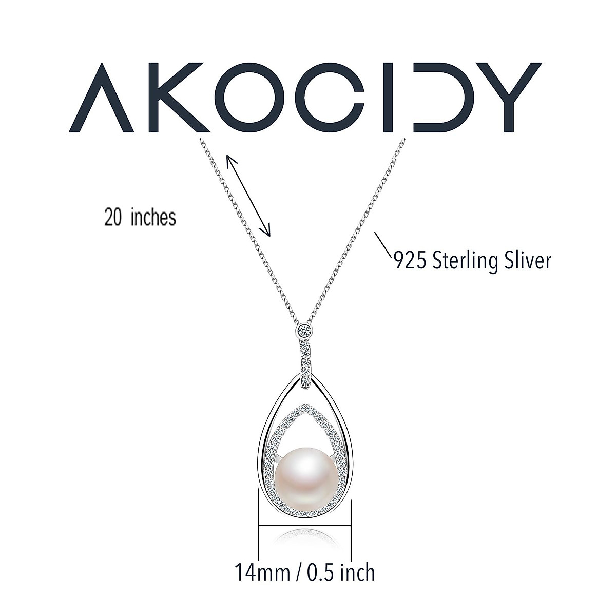 AKOCIDY 925 Sterling Silver Pearl Pendant Necklace | Freshwater Cultured White 9.5-10mm Real Pearl