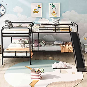 Tulib Twin Size L-Shaped Bunk Bed with Slide, Metal Bunkbed Frame w/Ladder & Safety Guardrail for 4, Bedroom, Home, No Spring Box Needed, Black