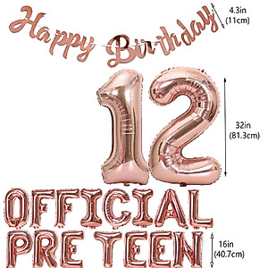 12th Birthday Decorations for Girls, Official Pre-Teen 12th Birthday Balloon Happy 12th Birthday Banner Number 12 Foil Balloons for 12 Years Old Birthday Anniversary Supplies Girls(Rose gold)