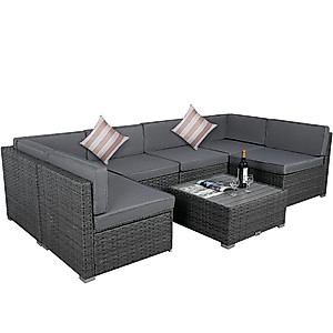 Welpatio 7 Piece Outdoor Patio Furniture Sets with Cushions, PE Rattan Wicker Outdoor Sectional Furniture Conversation Patio Set with Slat Coffee Table and 2 Pillows, Light Gray/Gray
