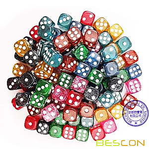 Bescon A Lot of Glitter 16MM D6 Set 100pcs, Assorted Colored Glitter Dice Set 100pcs