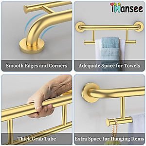 Gold Grab Bar 17 Inch w/Towel Holder, iHansee Stainless Steel Towel Rack Shower Support Balanced Support Handle, Wall Mount Safety Handrail Grab Rail for Elderly Senior Handicap Disabled