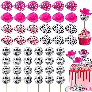 48Pcs Disco Cowgirl Cake Decoration, 24Pcs Disco Ball Cup Toppers 24Pcs Mini Pink Cowgirl Hats Cow Print Cowboy Hats Westen Cowgirl Party Favor Birthday Table Decor