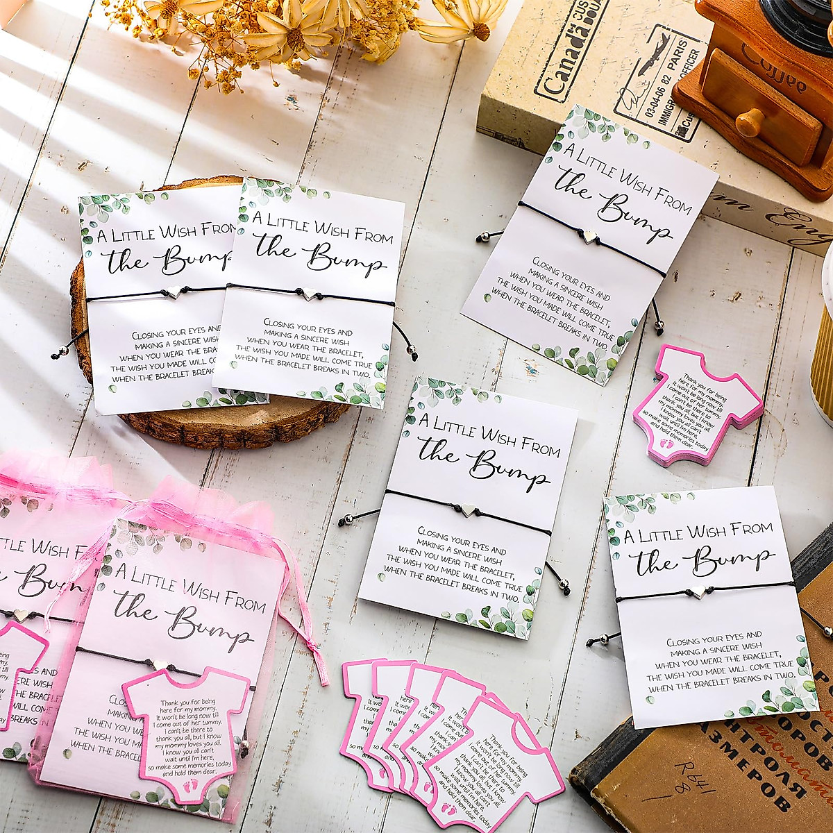 Sasylvia 25 Sets Baby Shower Party Favors for Guest 25 Baby Shower Bracelets Wish Bracelets with Heart Charm 25 Baby Shower Thank You Cards and 25 Organza Bags for Gender Reveal Guests Gifts