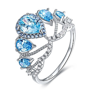 Merthus 6x8mm Pear Cut Simulated Blue Topaz 925 Sterling Silver Princess Tiara Crown Ring for Women Size 7