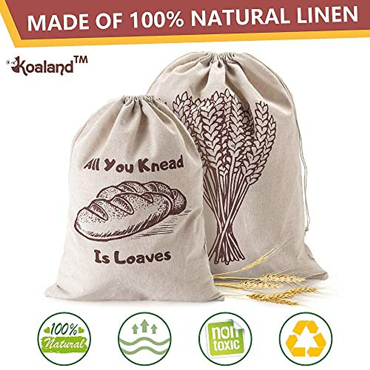 Linen Bread Bags, Pack of 4 Large and Extra Large Natural Unbleached Bread Bags, Reusable Drawstring Bag for Loaf, Homemade Artisan Bread Storage, Linen Bags for Food Storage, Ideal Gift for Bakers