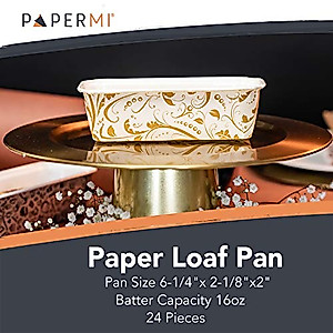 PaperMi Paper Loaf Pan, Disposable Paper Baking Loft Mold 24ct, Elegant Pan Supplies for Baking Bread, Small Meatloaf, Bundt Cake Microwave Oven Freezer Safe (6-1/4" x 2-1/8" x 2)