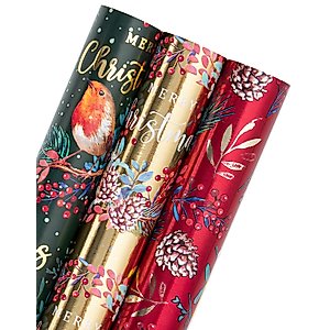 WRAPAHOLIC Christmas Wrapping Paper Roll - Mini Roll - 3 Rolls - 17 Inch x 120 Inch Per Roll - Bird, Christmas Garland, Holly and Pinecones Holiday Design with Metallic Foil Shine