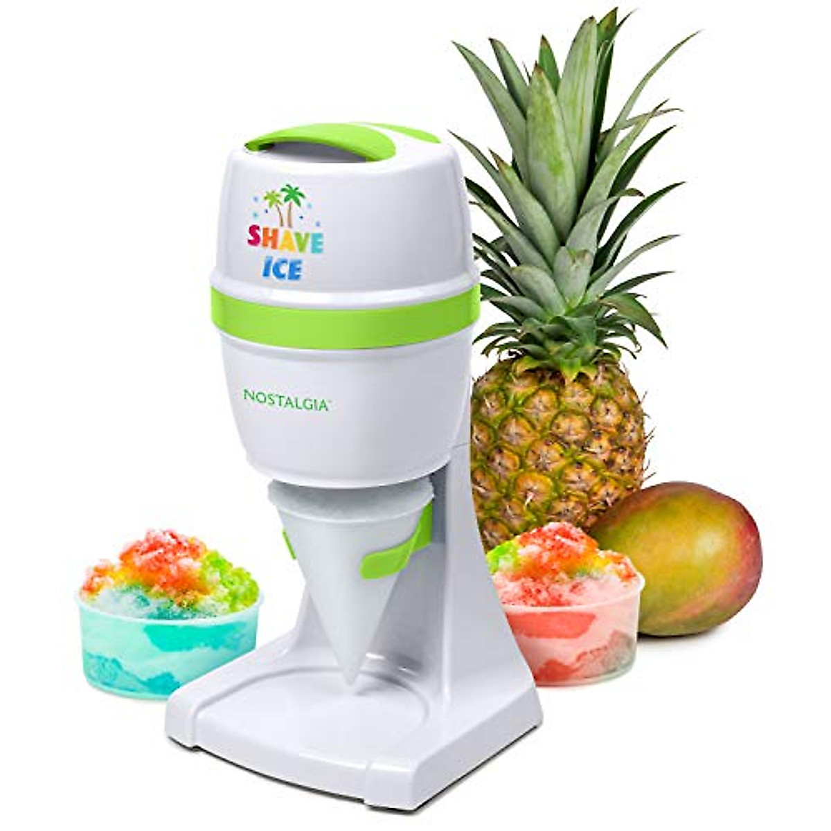 Nostalgia Electric Hawaiian Table-Top Snow Cone Maker, Shaved Ice Machine Includes 1 Reusable Plastic Cup and Ice Molds, White/Green