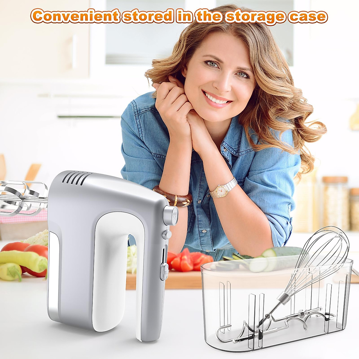 Yalame Hand Mixer Electric, 5-Speed 400W Motor, Hand Mixer Electric Handheld, Mixer Electric Handheld with Turbo Boost & Storage Case, 2x Flat Beaters, 2x Dough Hooks, 1x Whisk for Baking (Silver)