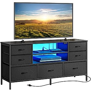 Huuger Dresser for Bedroom with Power Outlets and LED Lights, 7 Drawers TV Stand Dresser for 55 Inch TV, 47 Inches TV Console with Open Shelf, Wide Black Dresser, PU Leather, for Bedroom