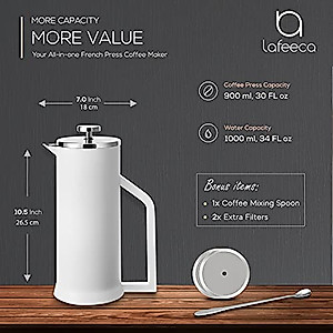 LAFEECA French Press Coffee Maker - Stainless Steel Double Wall Vacuum Insulated - Large Thermal Brewer 34 oz 1000 ml White