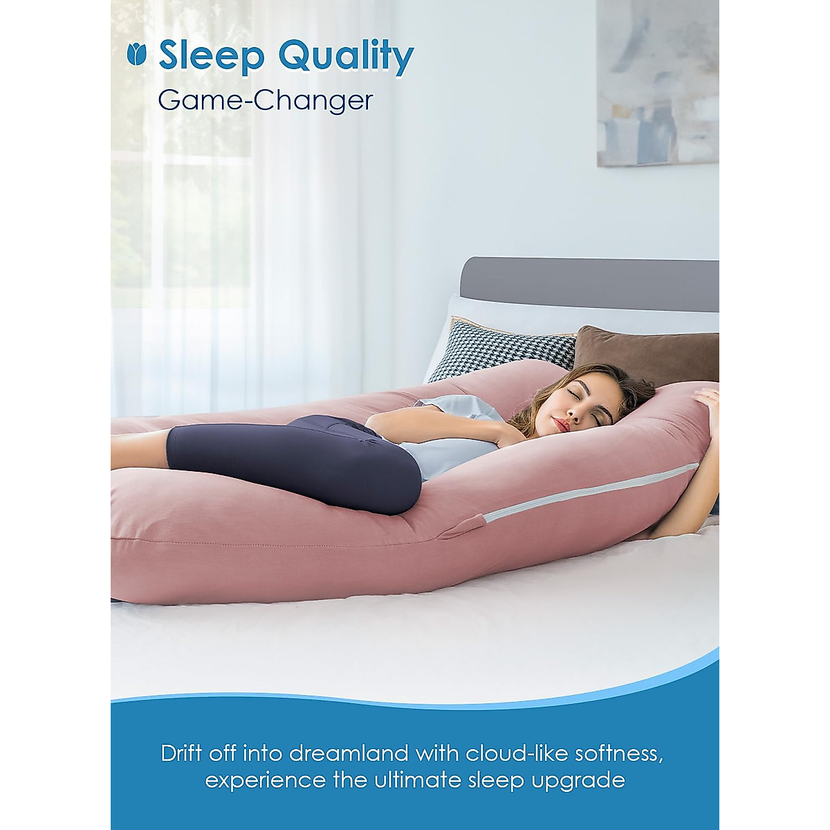 QUEEN ROSE Pregnancy Pillows for Sleeping, Cooling U Shaped Body Pillow, Maternity Pillow for Pregnant Women with Silky Soft Cover, Pink