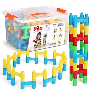 PlayBuild Pilo Building Blocks - H Blocks Bridge Constructor Stacking Toy - Fun Educational Construction Toys - Pillar Arch Aqueducts Build with Easy Plastic Storage Container